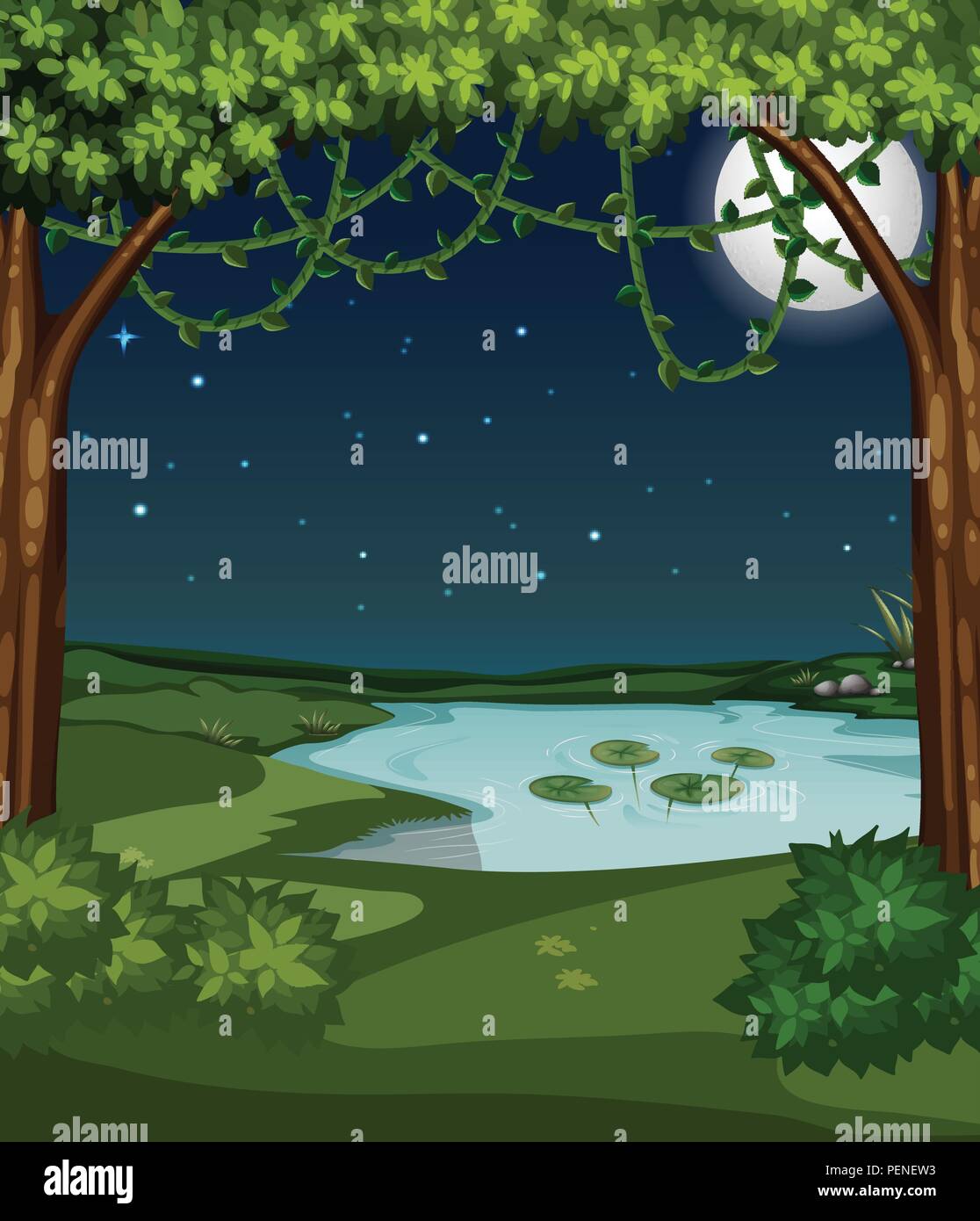 A beautiful pond at night illustration Stock Vector Image & Art - Alamy