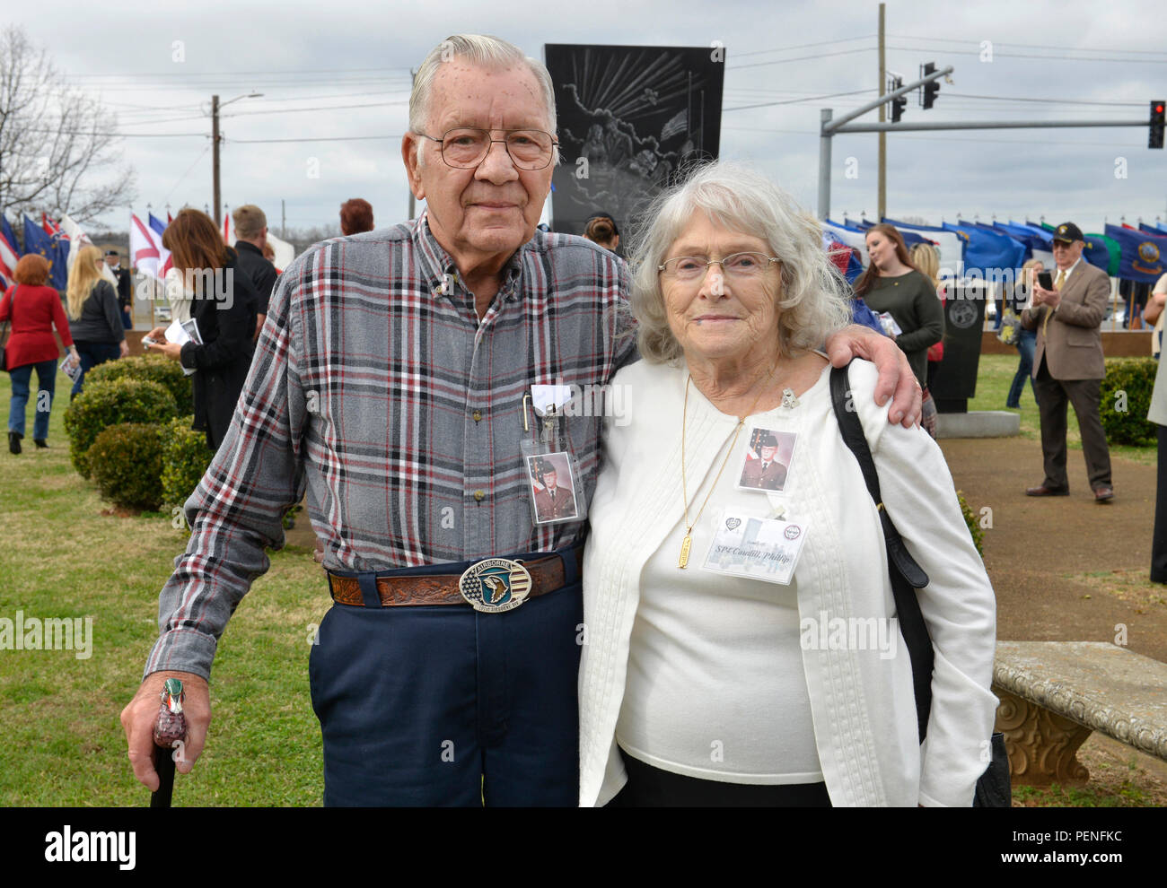 Hugh and Audrey Caudill stand in front of the Gander Memorial marker ...