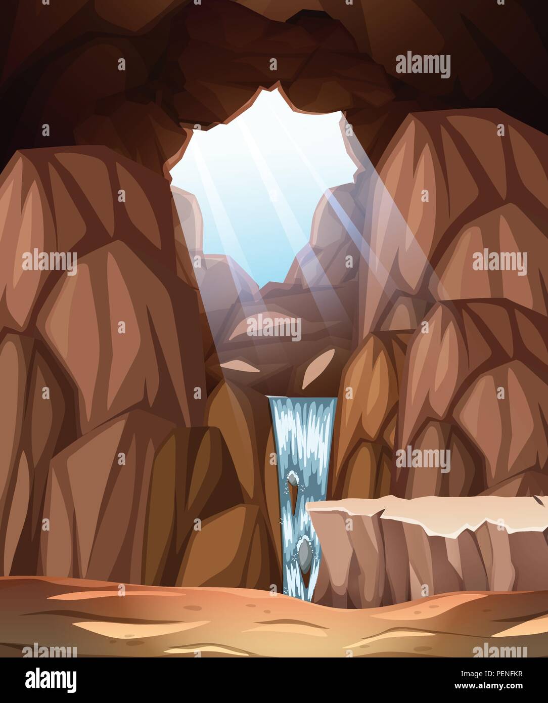 Cave scene with skylight and waterfall illustration Stock Vector Image ...