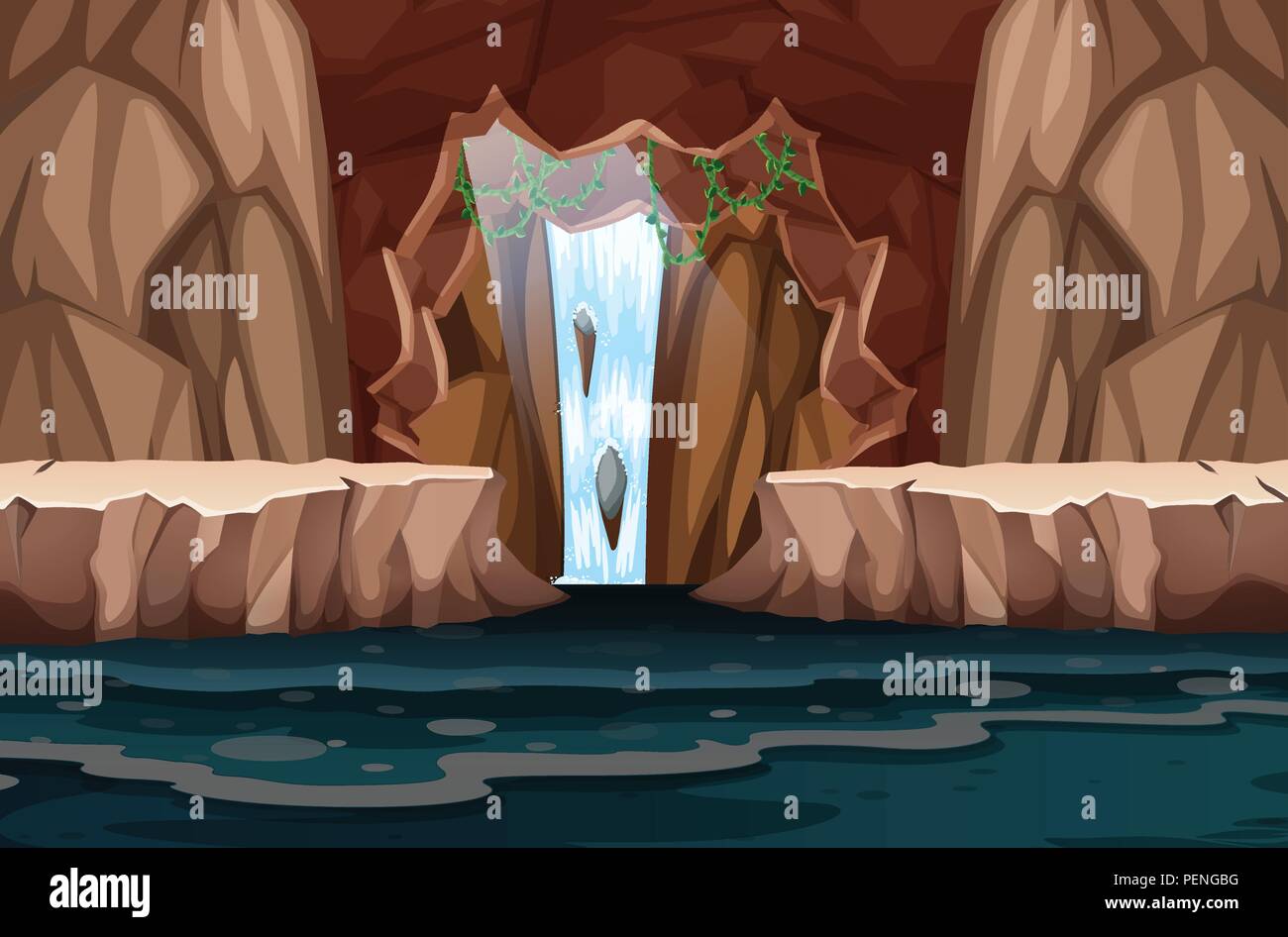 Beautiful waterfall cave landscape illustration Stock Vector Image ...