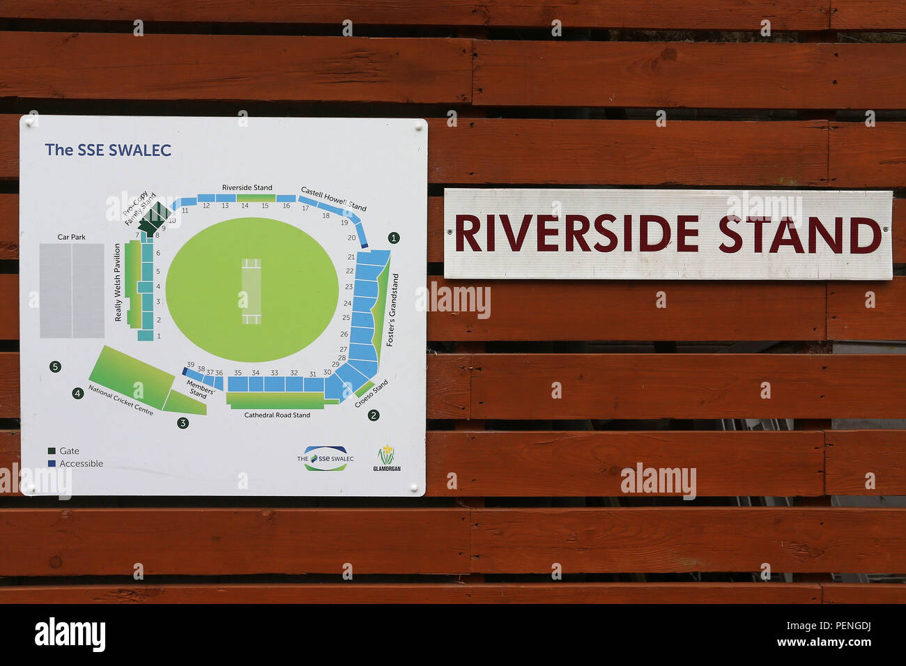 General view of the Riverside Stand signage ahead of Glamorgan vs Essex ...