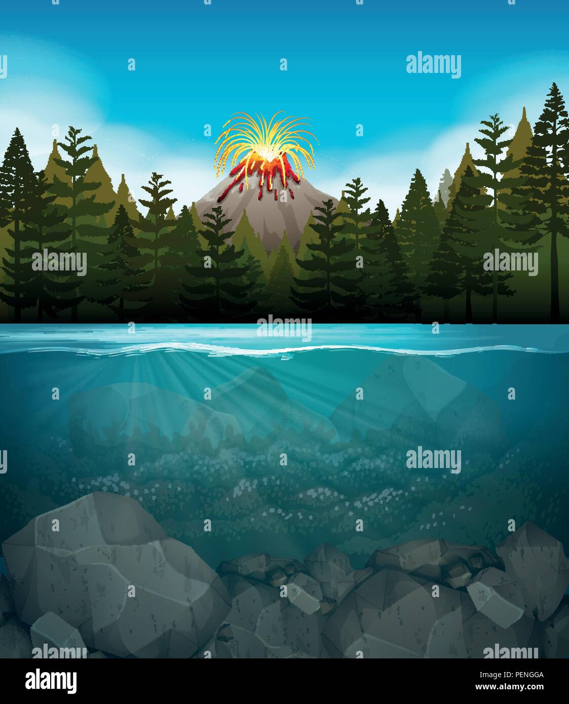 Volcano eruption at the forest illustration Stock Vector Image & Art ...