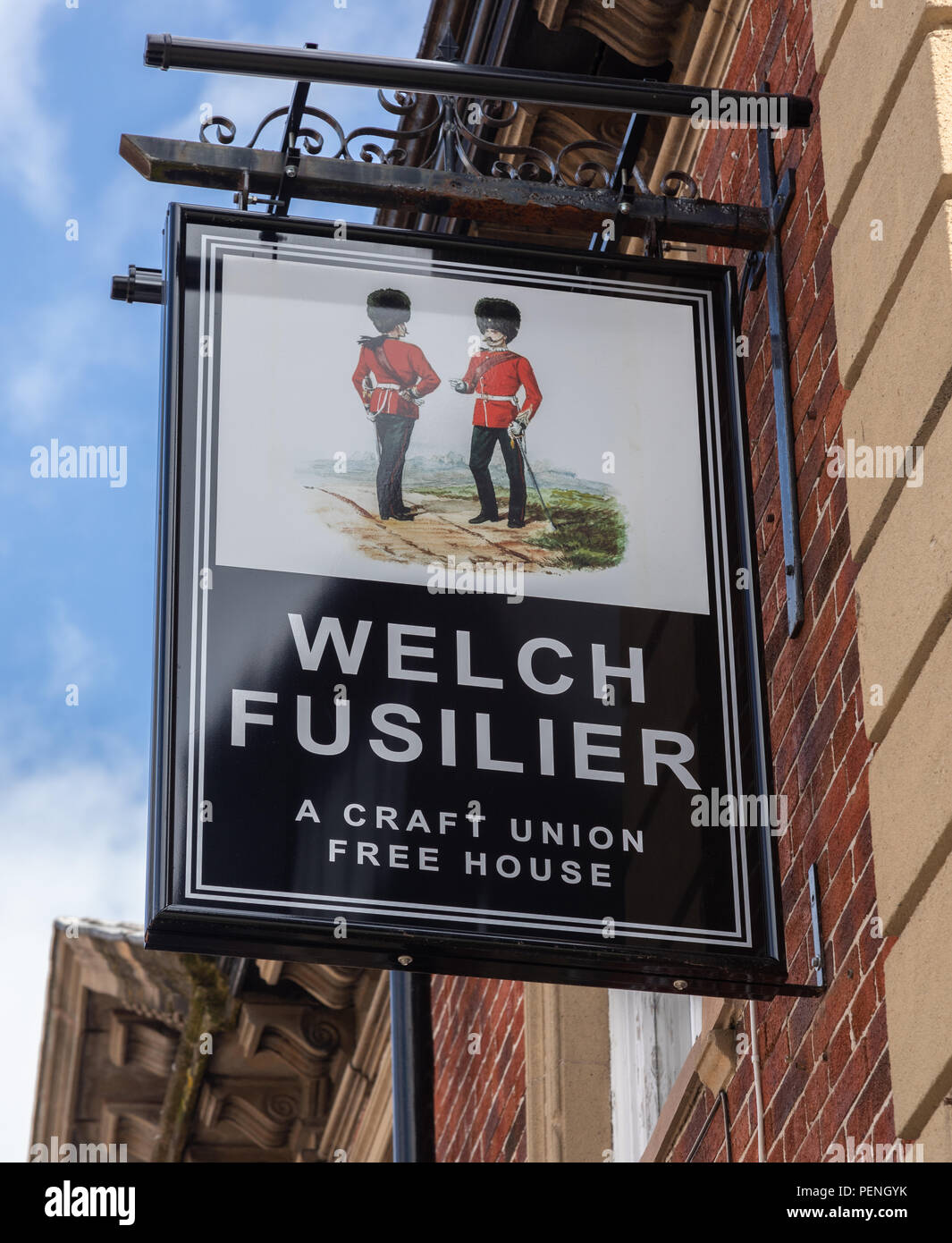 Exterior mounted pub sign outside the Welch Fusilier Craft Union Free ...