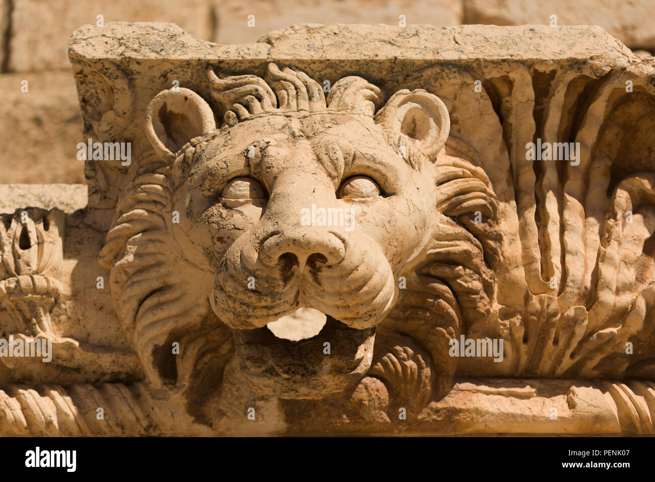 Carved lion head on a top capital in ancient roman temple of Jupiter ...