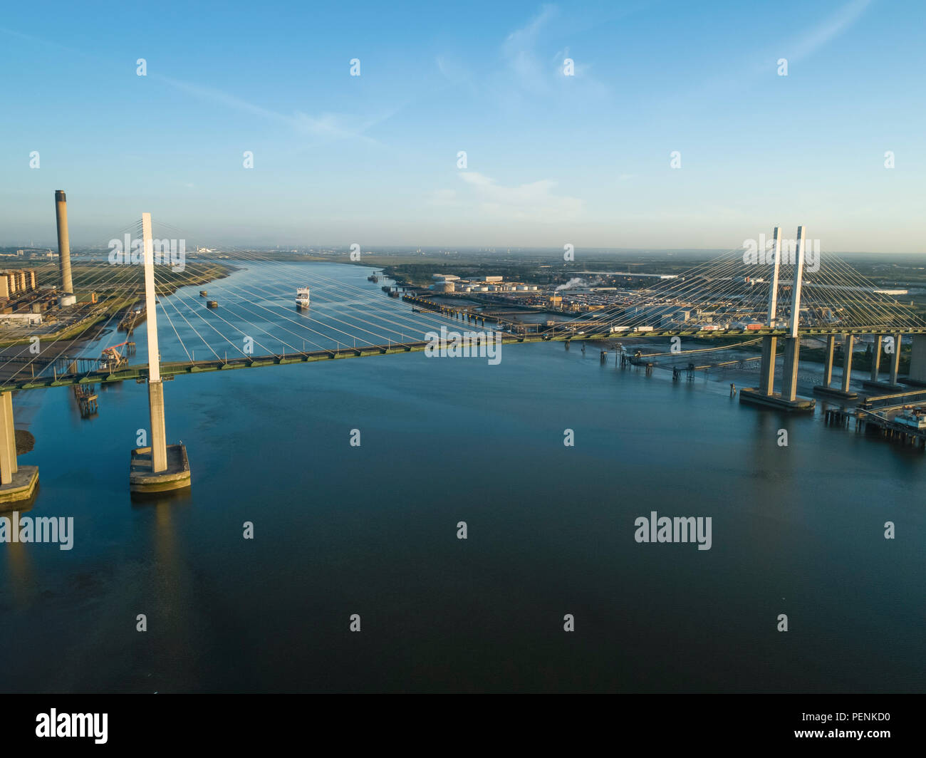 Aerial of QEII Bridge looking west on a sunny spring morning in 2018 ...