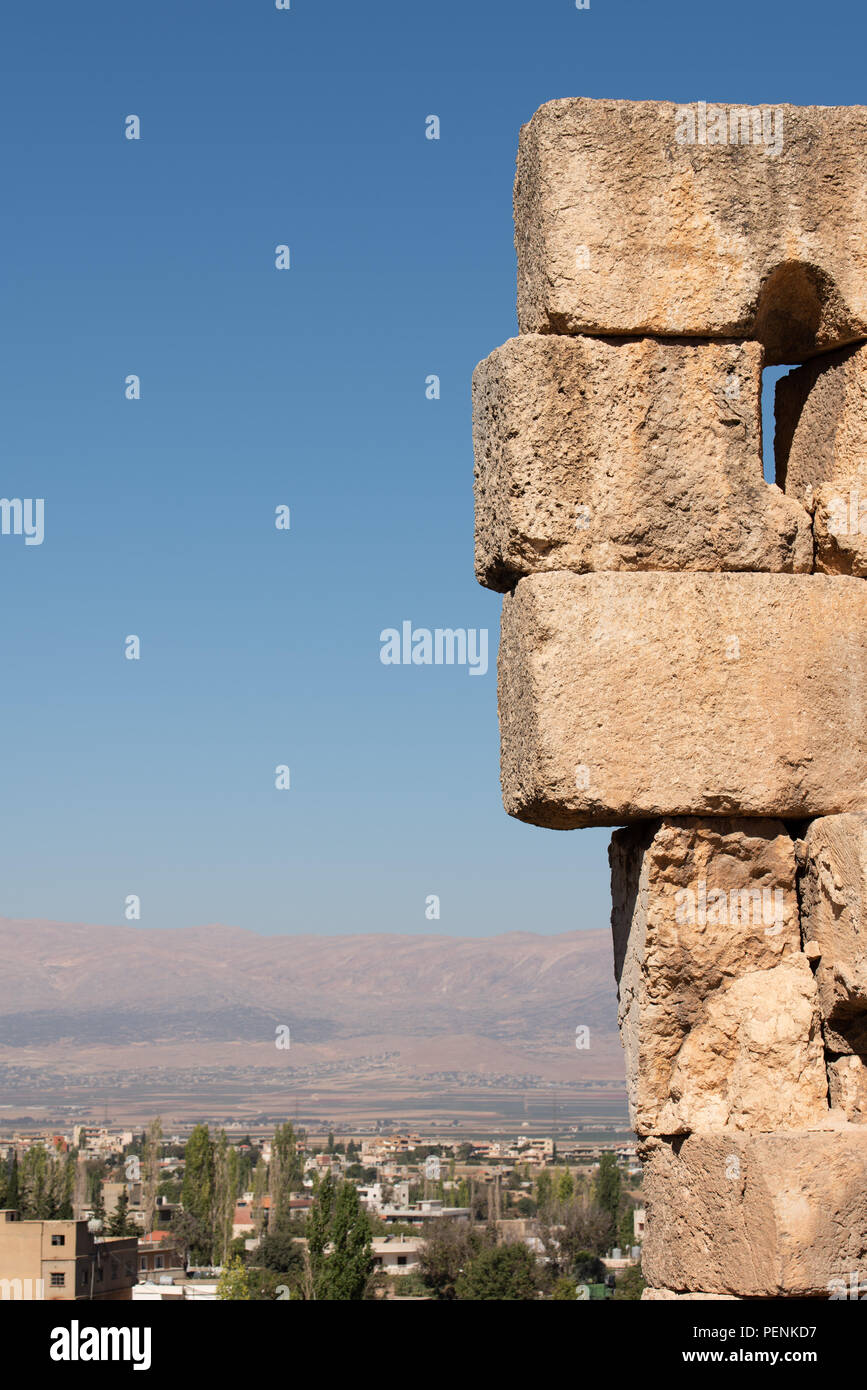 Western stone wall of Jupiter temple and the Bekaa valley landscape in ...