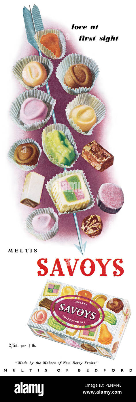 1957 British advertisement for Meltis Savoys assorted candies Stock ...