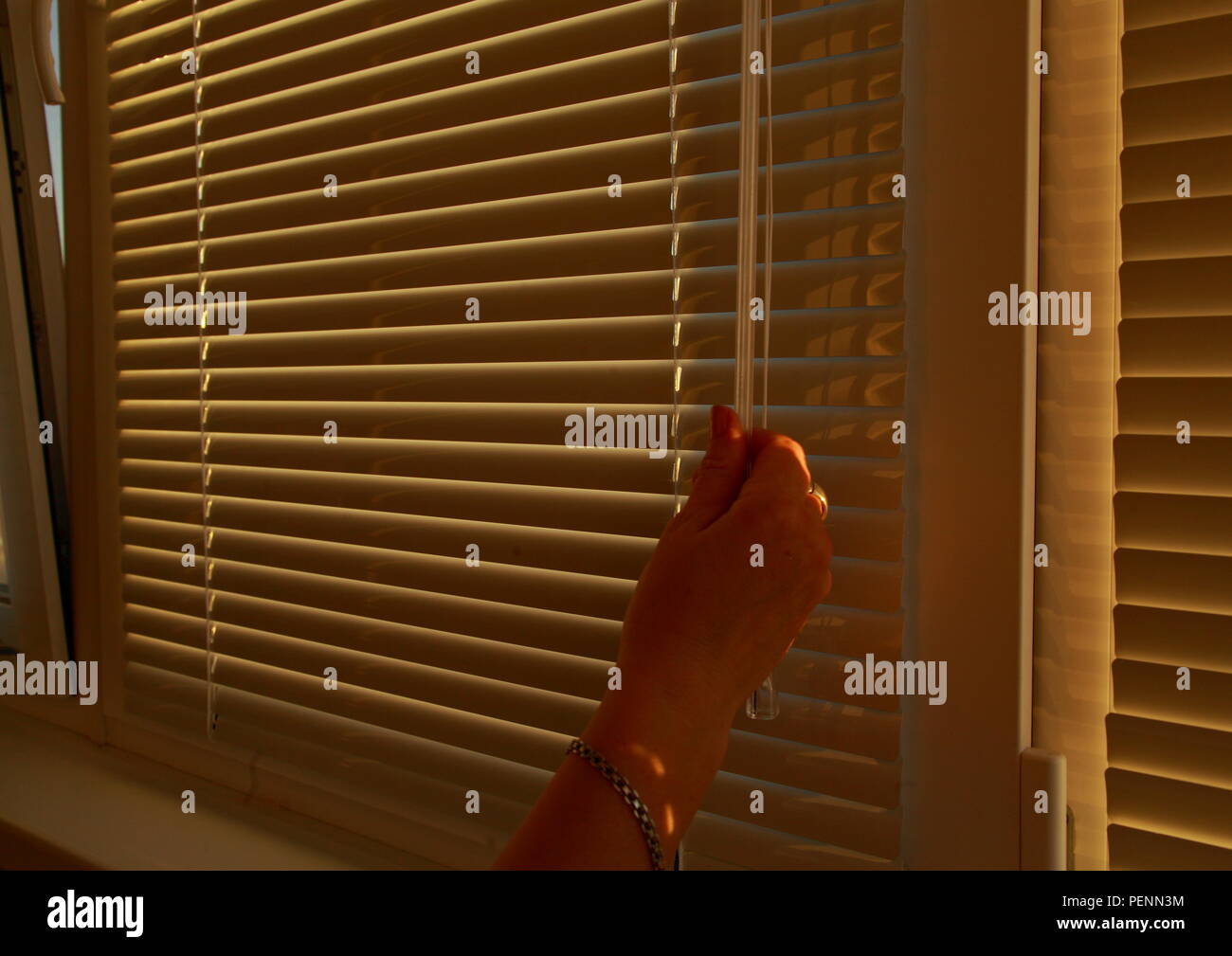 The woman's hand closes the horizontal blinds on the Windows Stock ...
