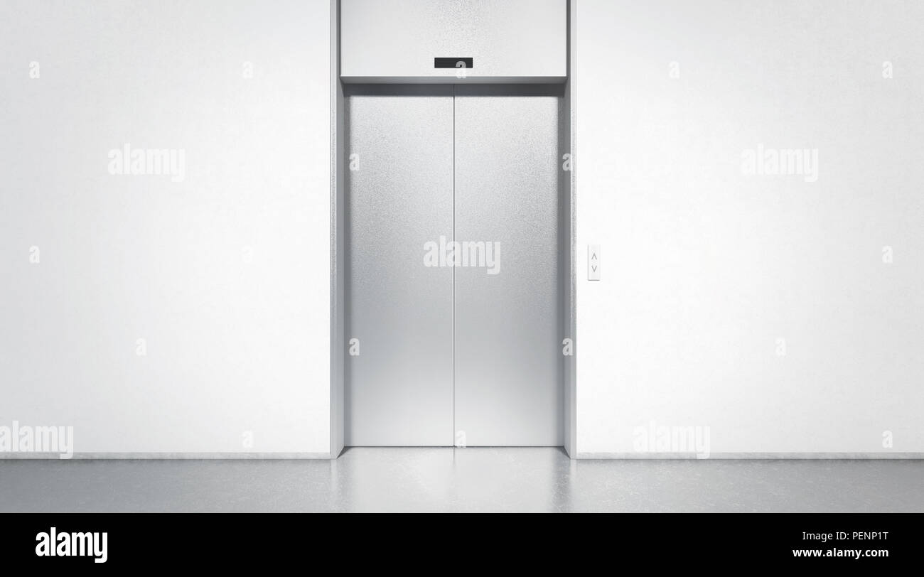 Blank silver closed elevator in office floor interior mock up, front ...