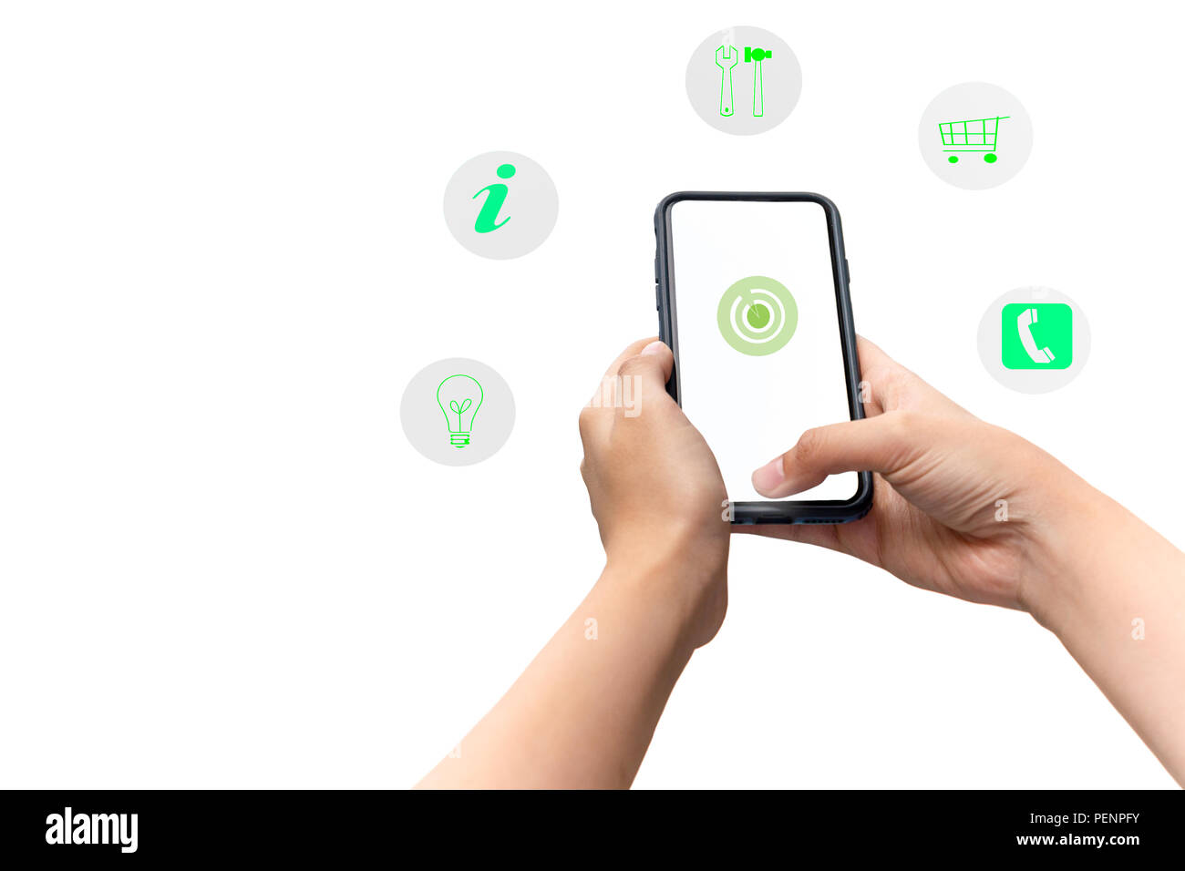 Conceptual hand using cell phone with digital icon isolated in white ...