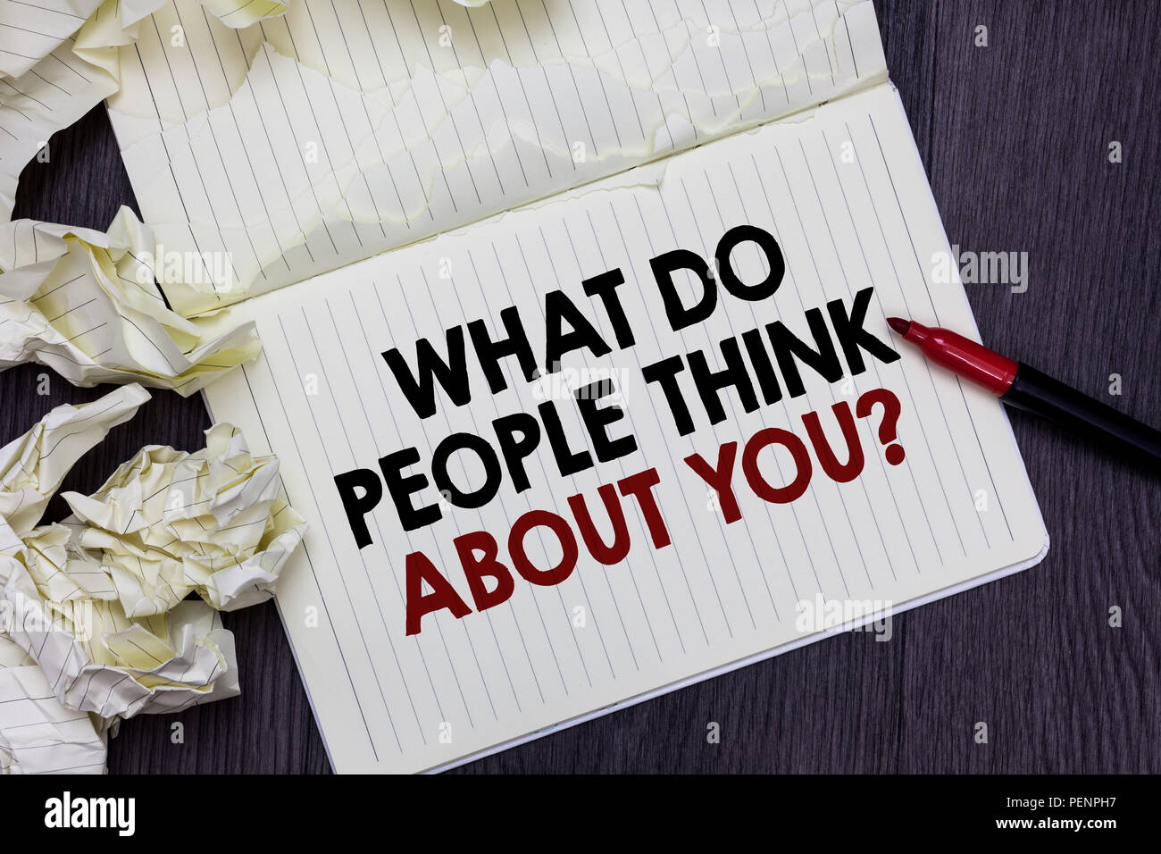 Writing note showing What Do People Think About You question. Business ...
