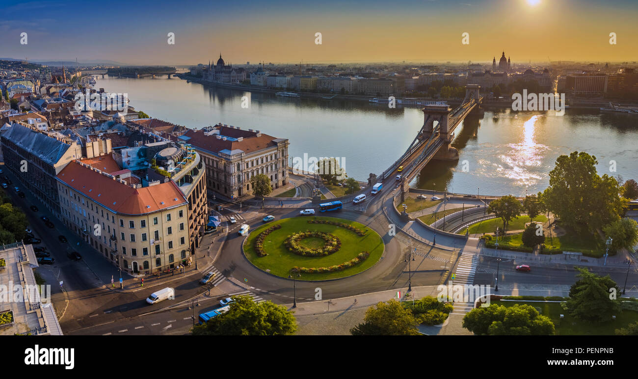 Budapest, Hungary - Panoramic aerial skyline view of Clark Adam square ...
