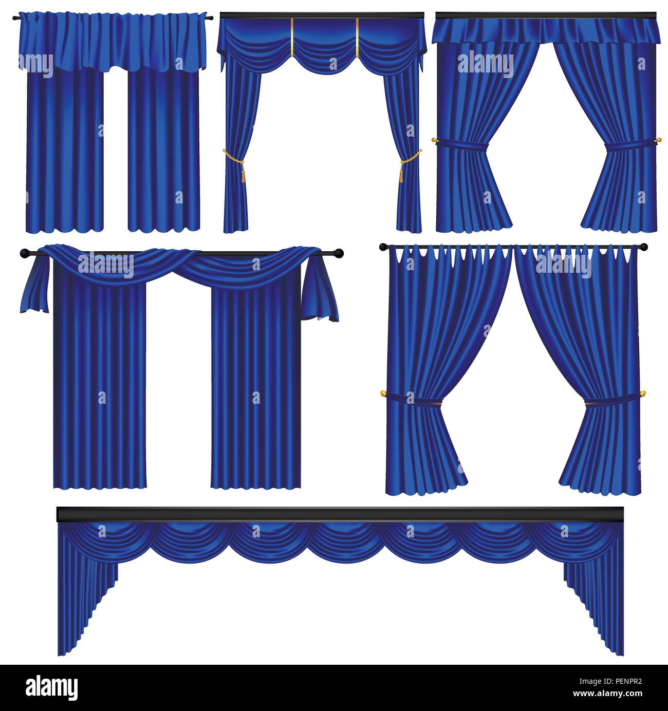 Set of blue luxury curtains and draperies on white background ...