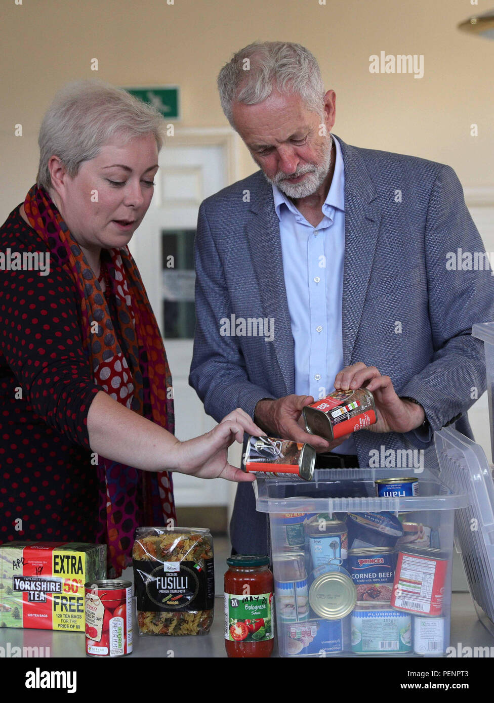 Labour leader Jeremy Corbyn talking to representatives during a visit ...