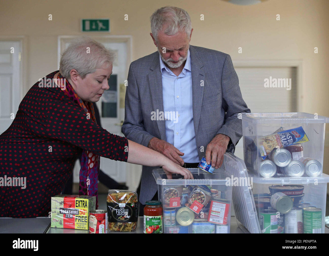Labour leader Jeremy Corbyn talking to representatives during a visit ...
