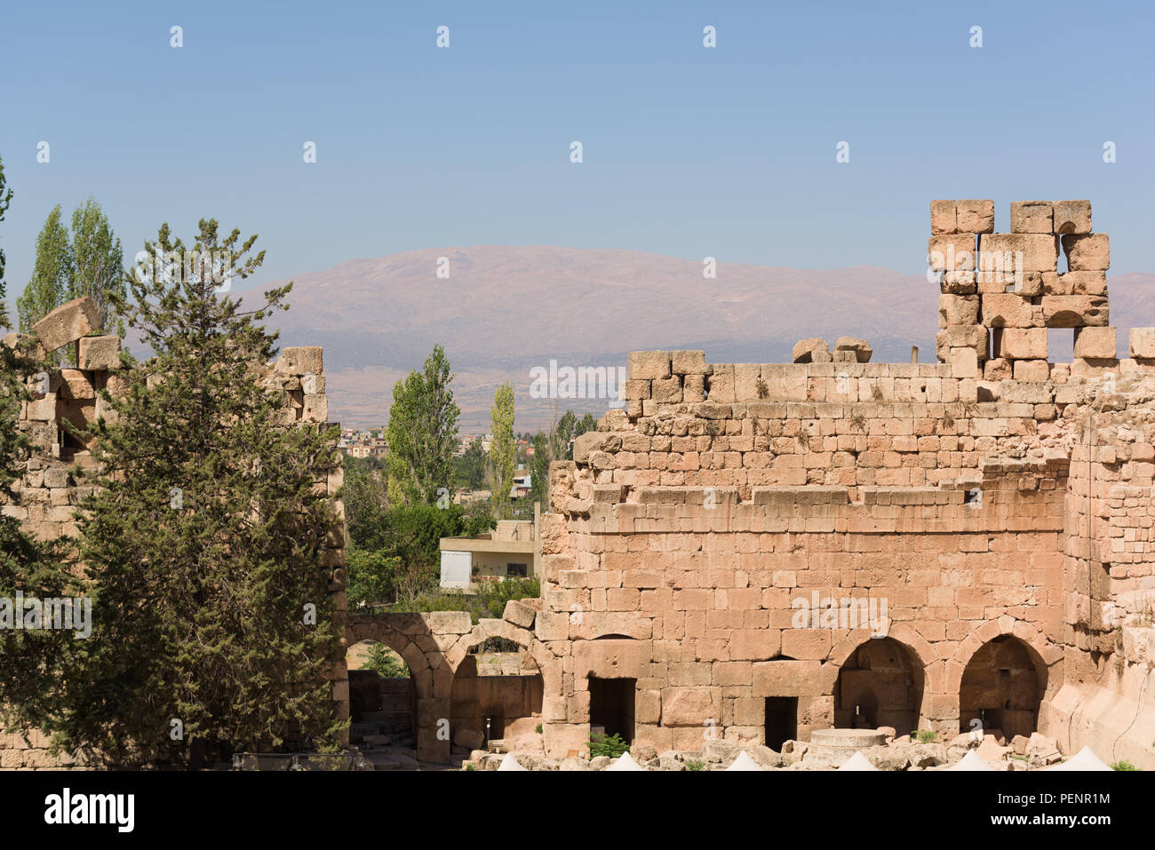 Western stone wall of Jupiter temple and the Bekaa valley landscape in ...