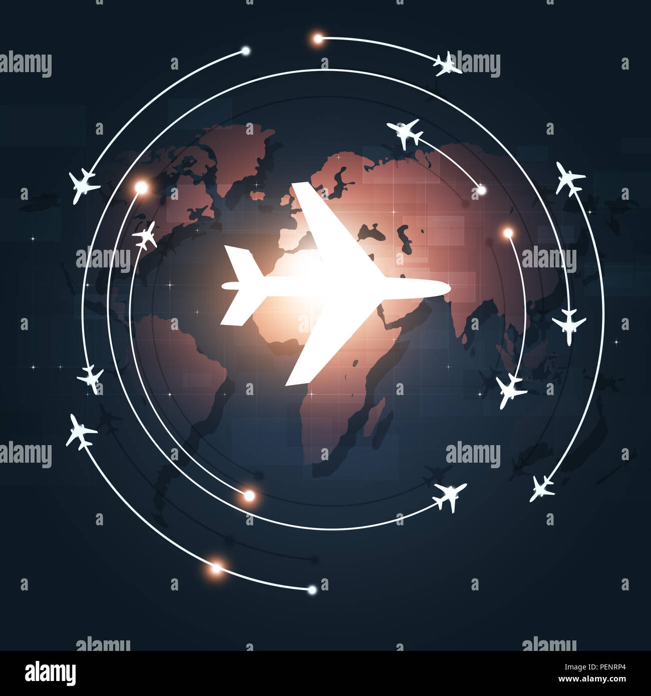 business global aviation illustration with airplanes over the earth ...