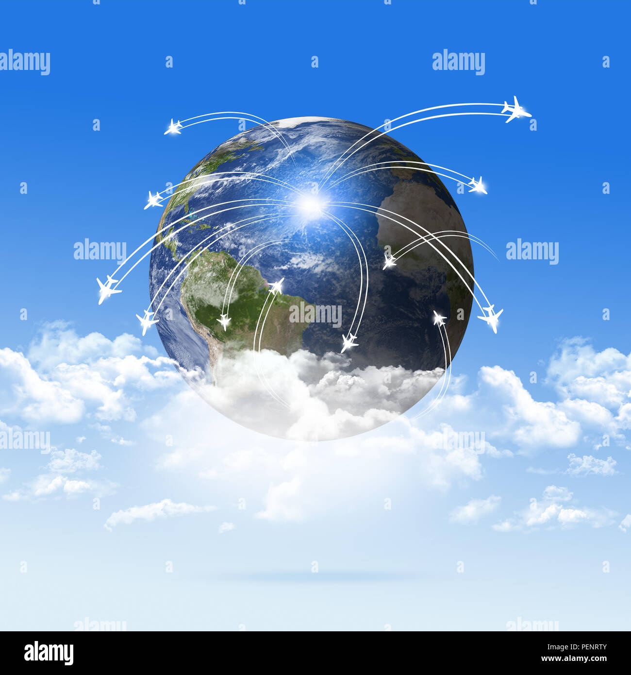 business global aviation background with airplanes over the earth Stock ...