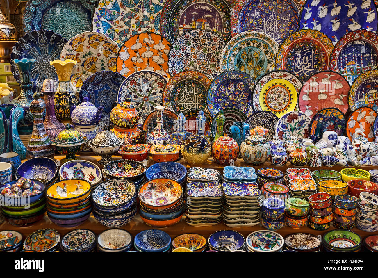 Collection of Traditional Turkish ceramic souvenirs at the Grand Bazaar ...