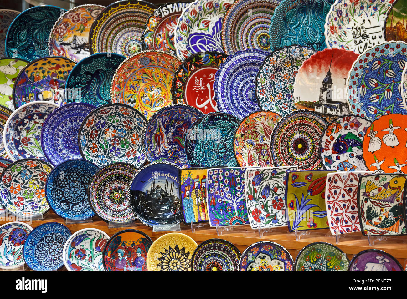 Collection of Traditional Turkish ceramic souvenirs at the Grand Bazaar ...