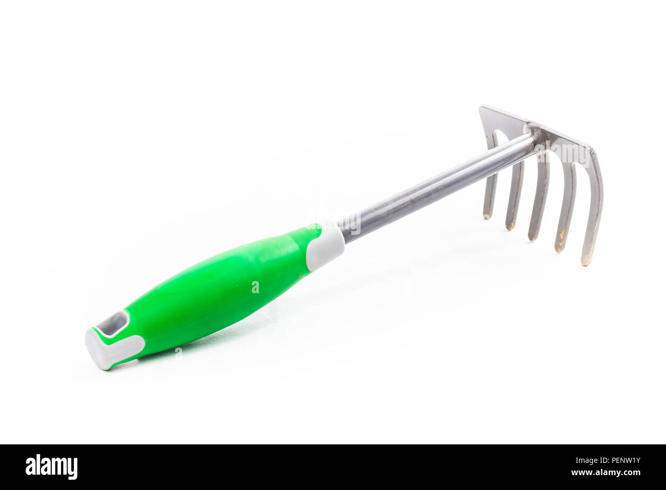 small rake gardening 5 teeth with green handle on white background ...