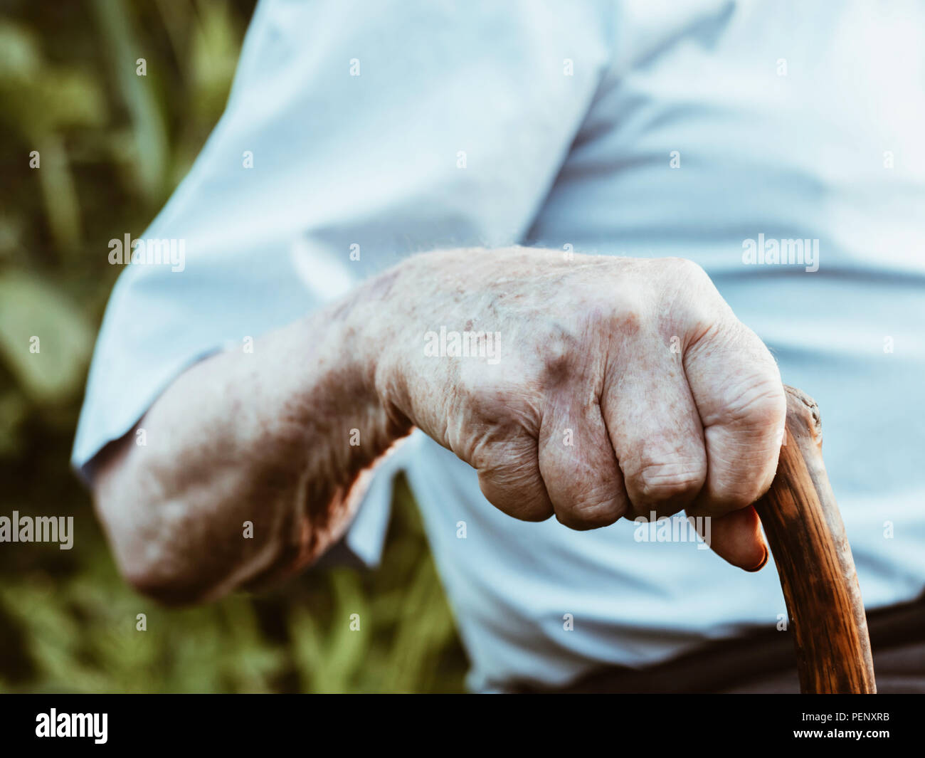 wrinkled old man' hands crossed on the stick. Close-up of a pensive ...