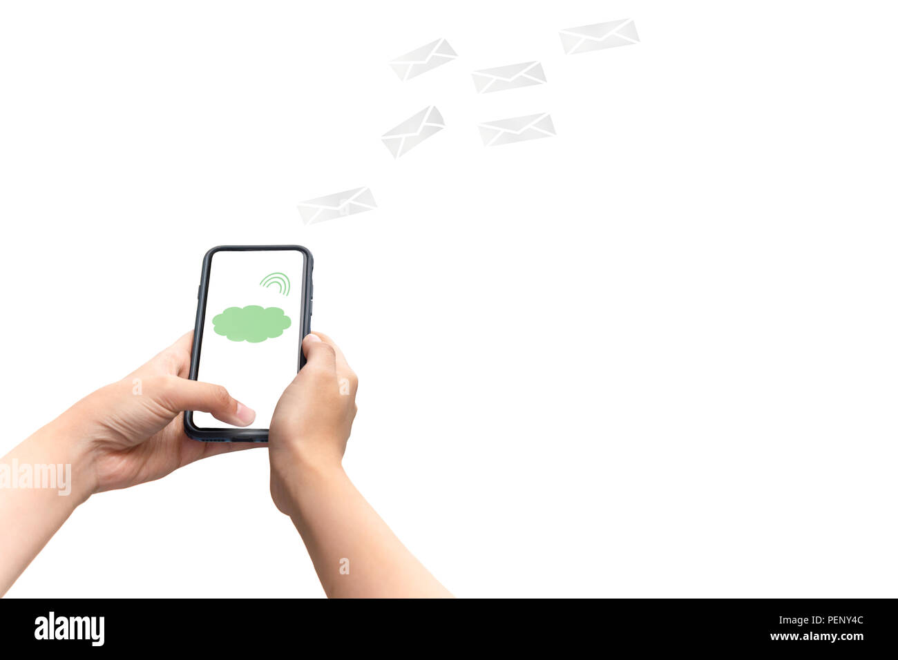 Conceptual hand using cell phone with digital icon isolated in white ...