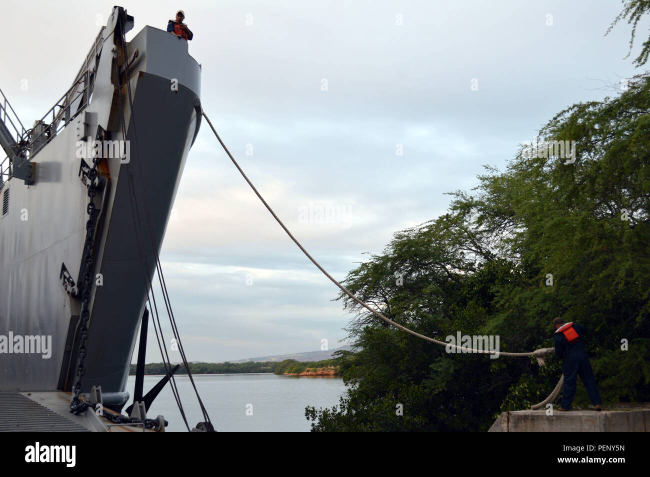 A crew member of the U.S. Army logistics support vessel USAV CW3 Harold ...