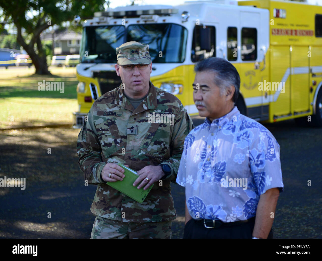 Maj. Gen. Arthur "Joe" Logan, adjutant general, Hawaii, speaks with ...
