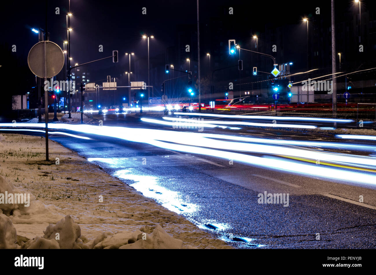 Night traffic lights on a crossroad in European city Ljubljana Stock ...