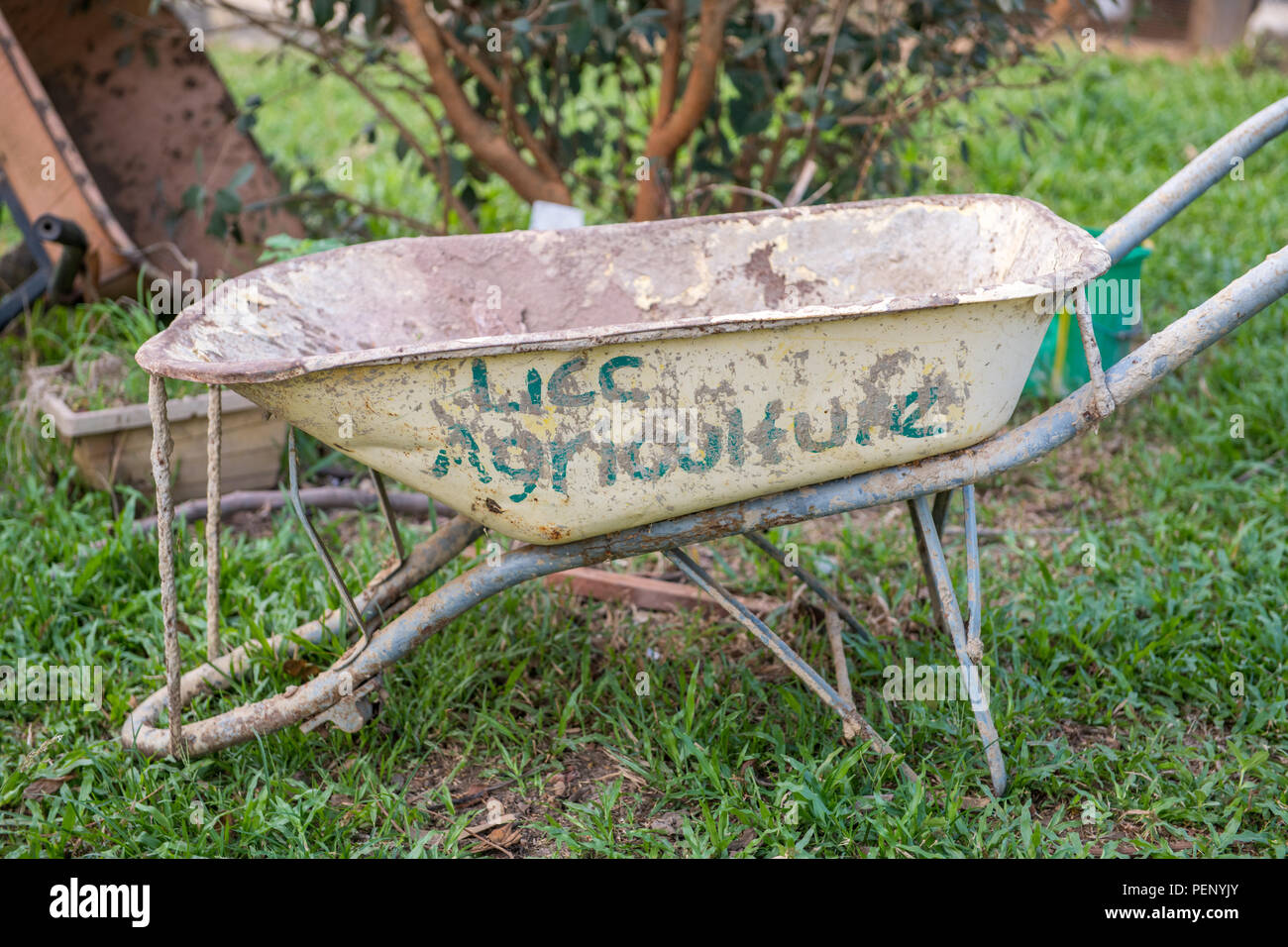 A beaten up wheelbarrow sits in the grass on a farm in Ganta,Liberia ...