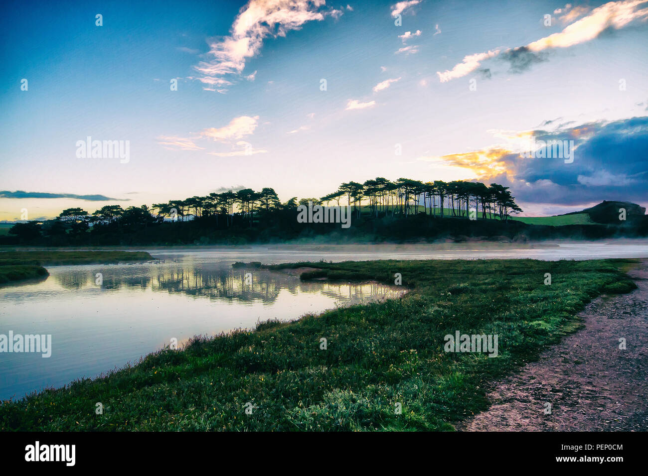 View of River Otter Estuary and river mouth at Budleigh Salterton Devon ...