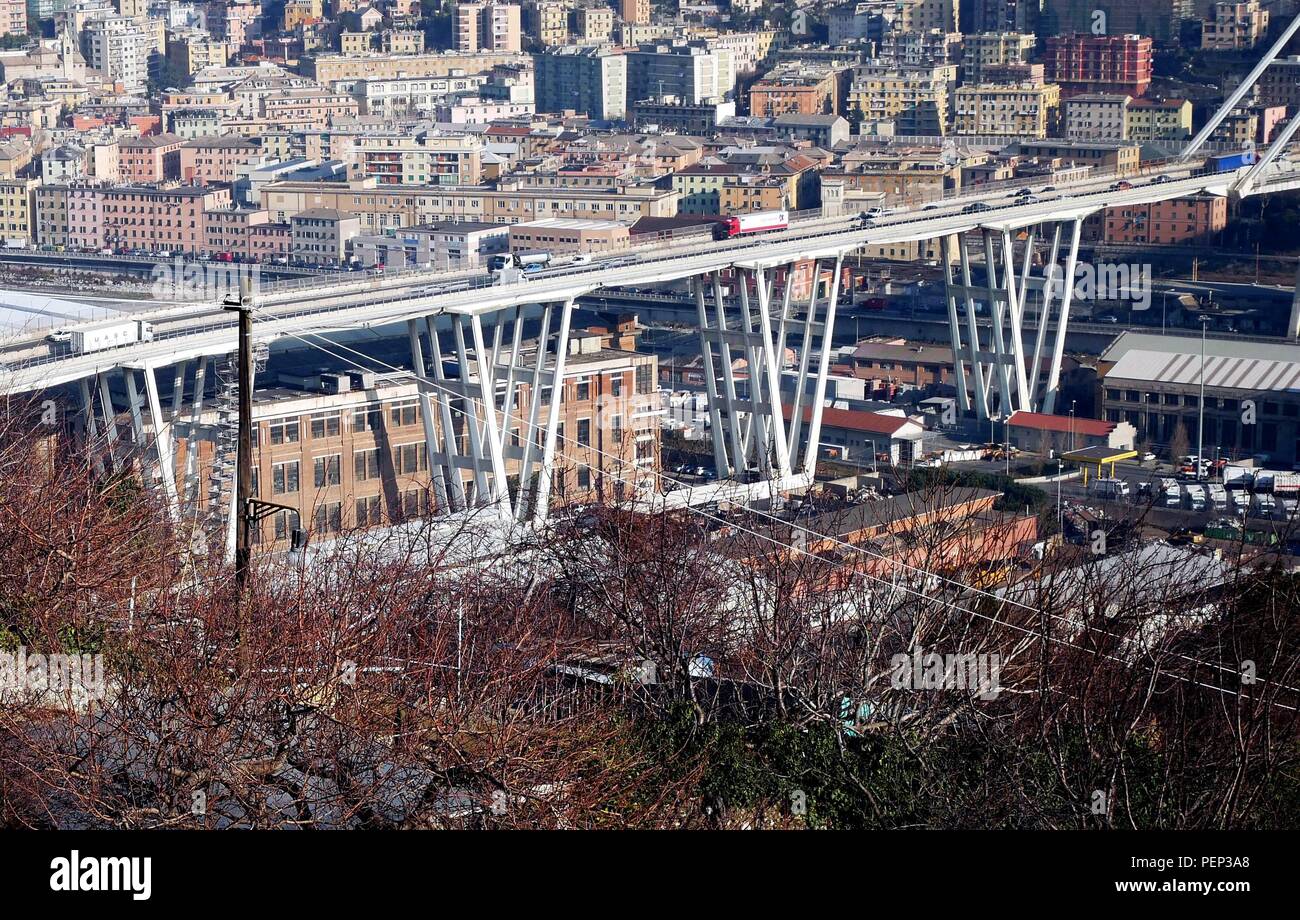 Ponte Morandi (the part collapsed on August 14) photographed in January ...