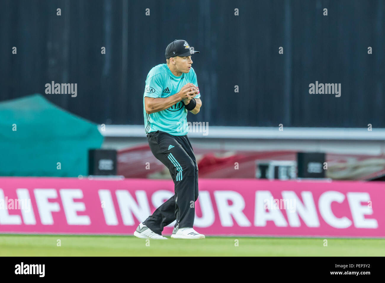 London, UK. 15 August, 2018. Safely taken, Tom Curran takes the catch ...