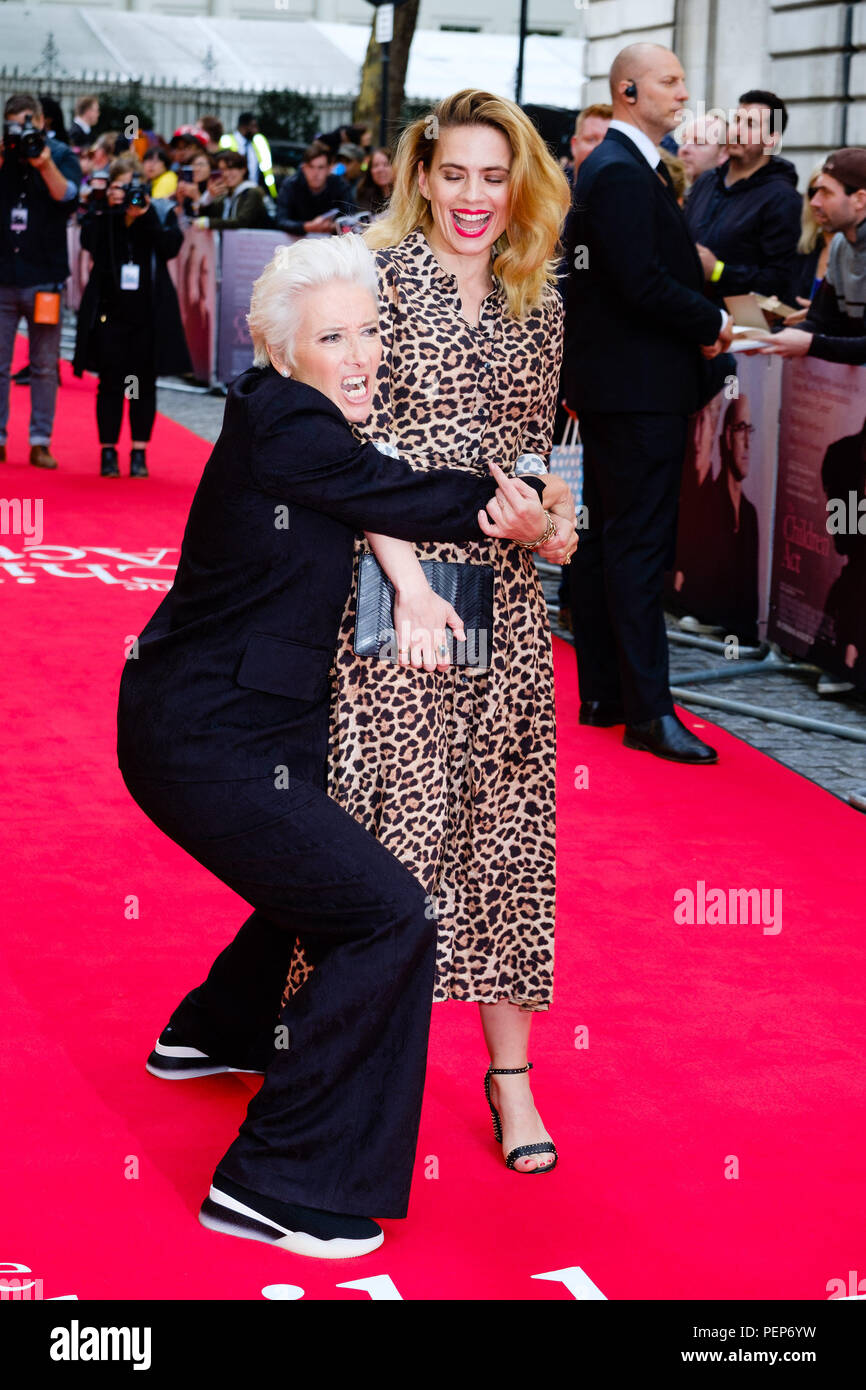 London, UK. 16th August 2018. Emma Thompson hugs Hayley Atwell at UK ...