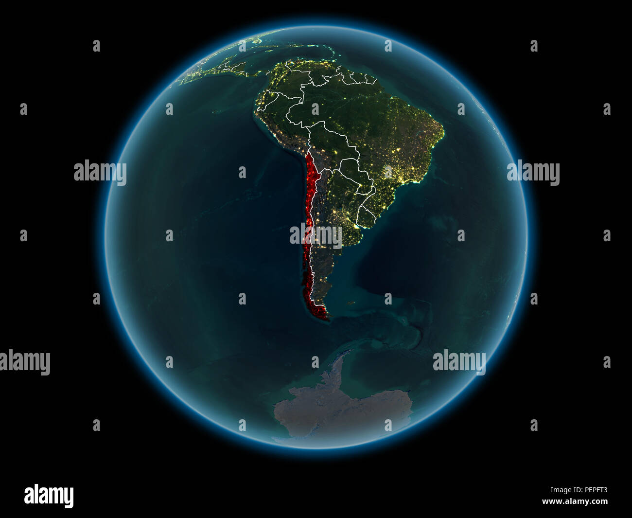 Chile in red with visible country borders and city lights from space at ...