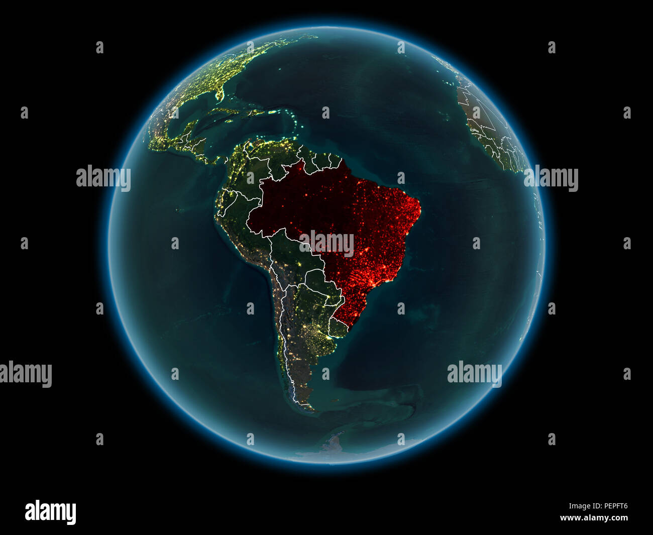 Brazil in red with visible country borders and city lights from space ...