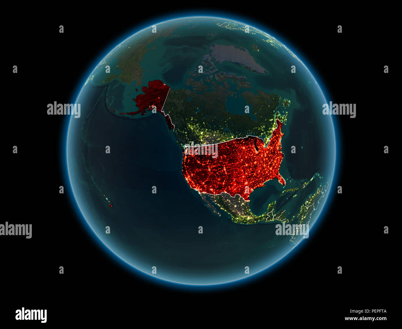 USA in red with visible country borders and city lights from space at ...