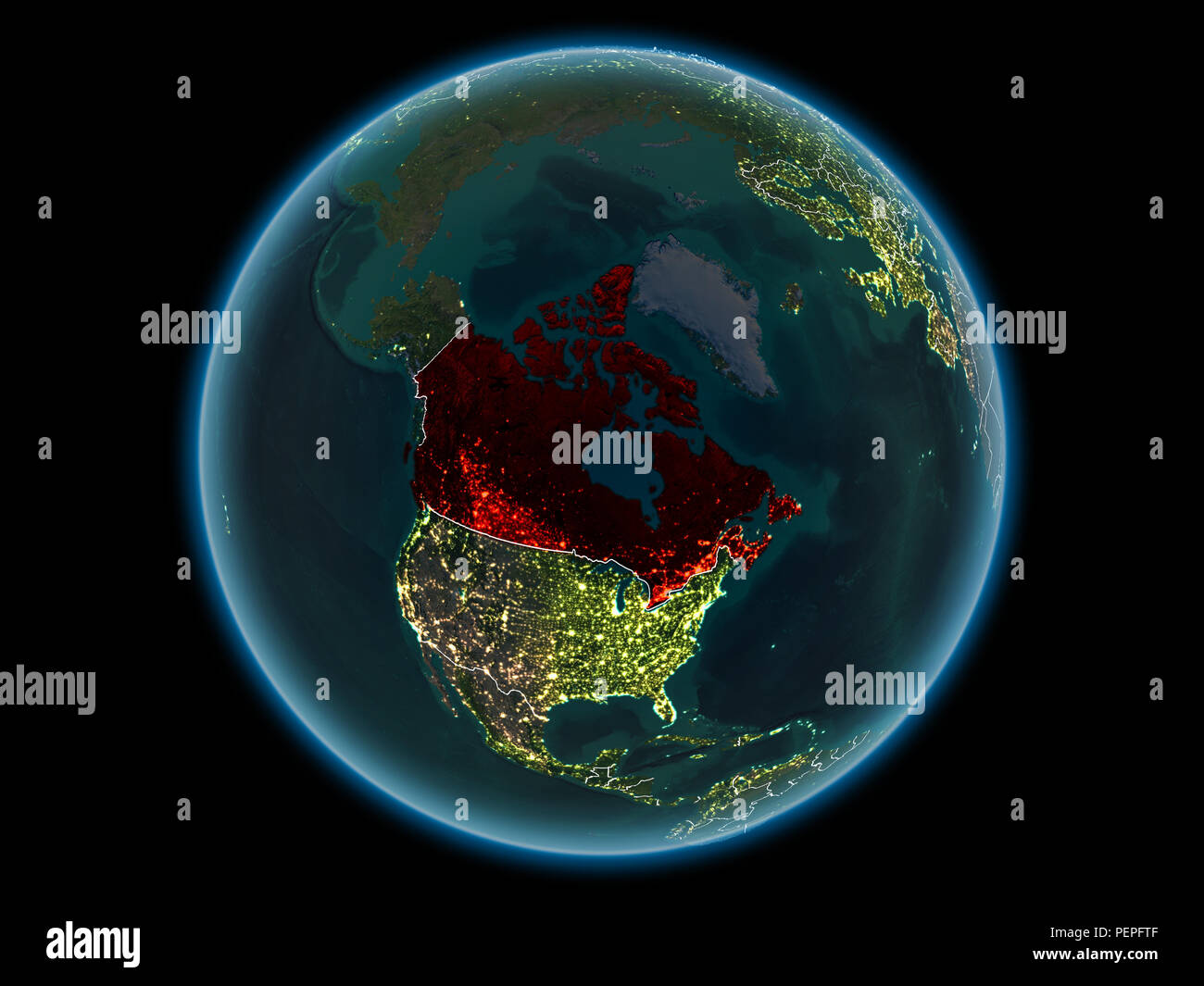 Canada in red with visible country borders and city lights from space ...