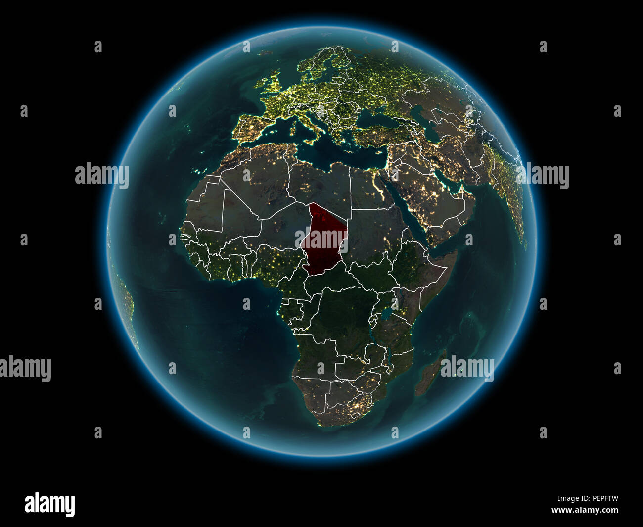 Chad in red with visible country borders and city lights from space at ...