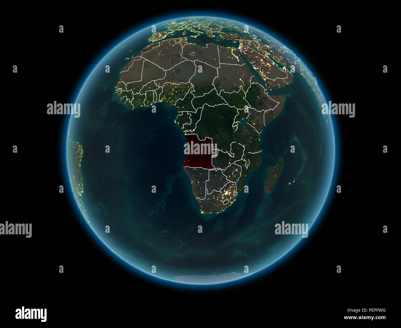 Angola in red with visible country borders and city lights from space ...
