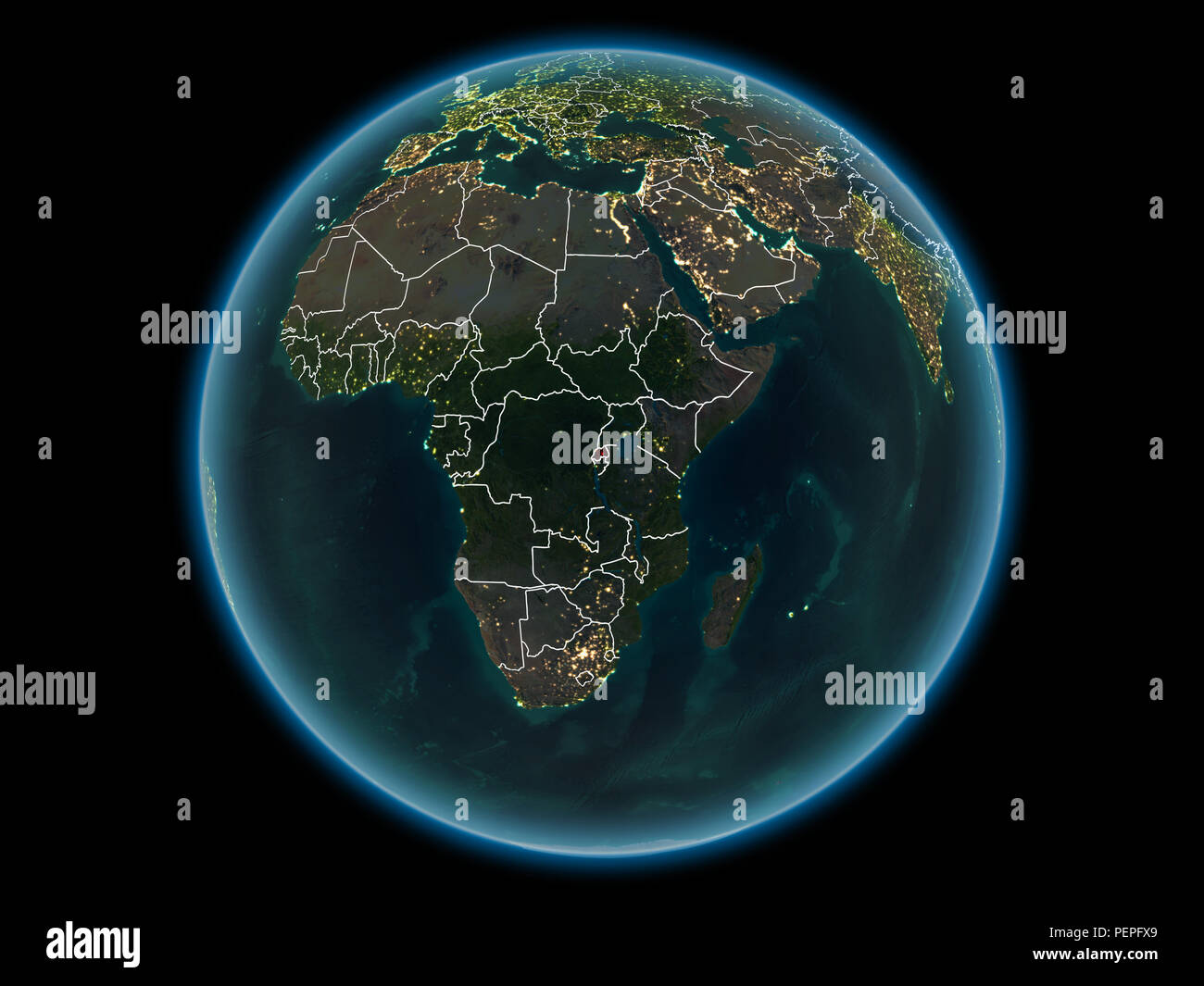 Rwanda in red with visible country borders and city lights from space ...