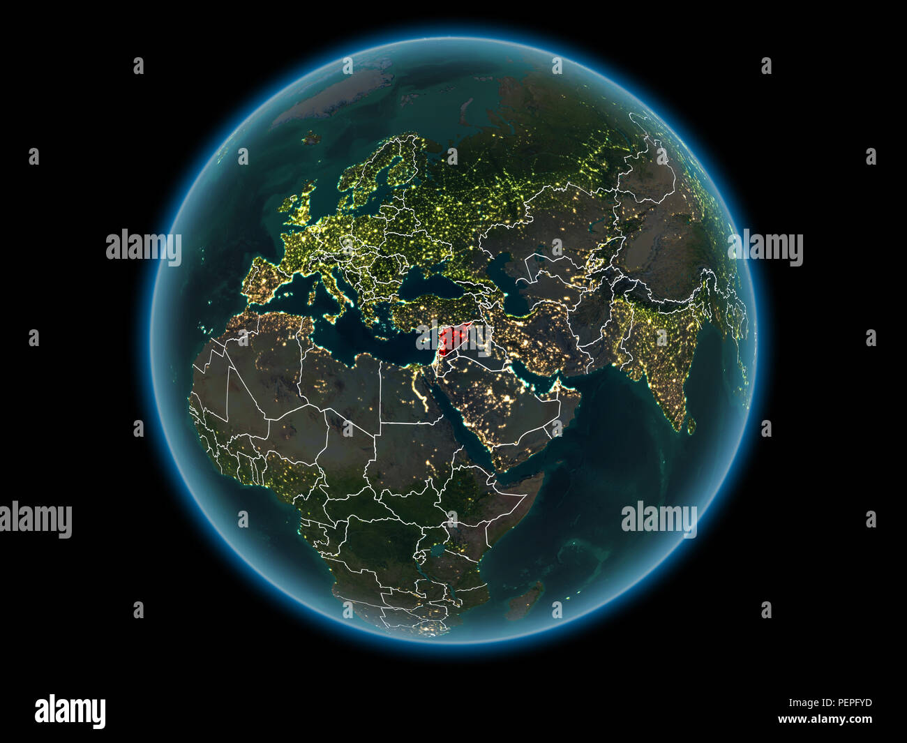 Syria in red with visible country borders and city lights from space at ...