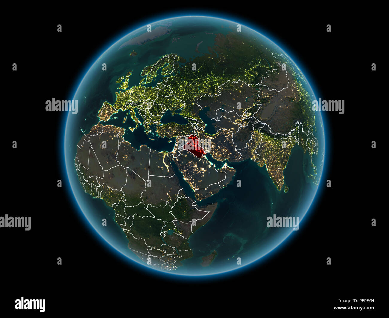 Iraq in red with visible country borders and city lights from space at ...