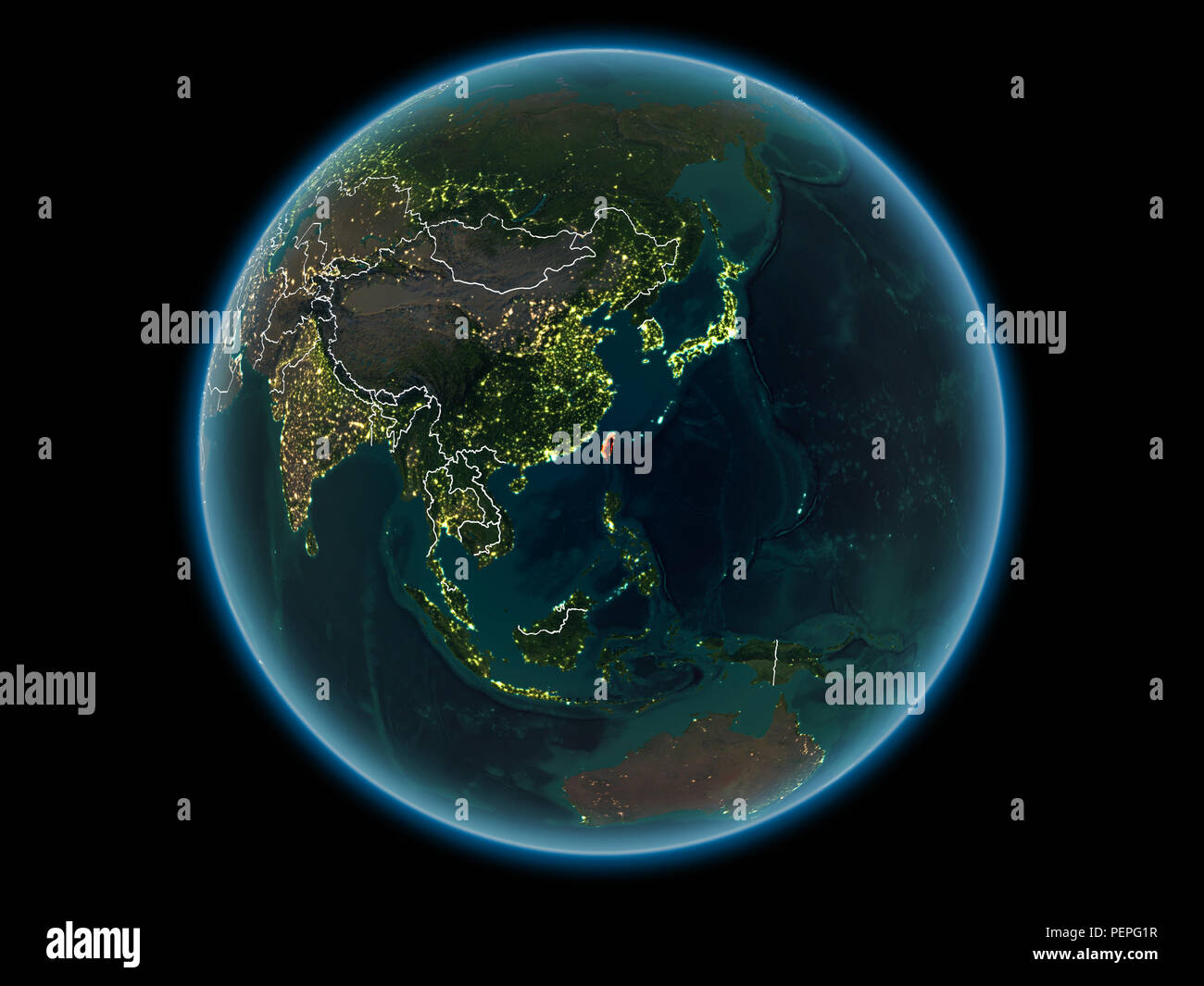 Taiwan in red with visible country borders and city lights from space ...