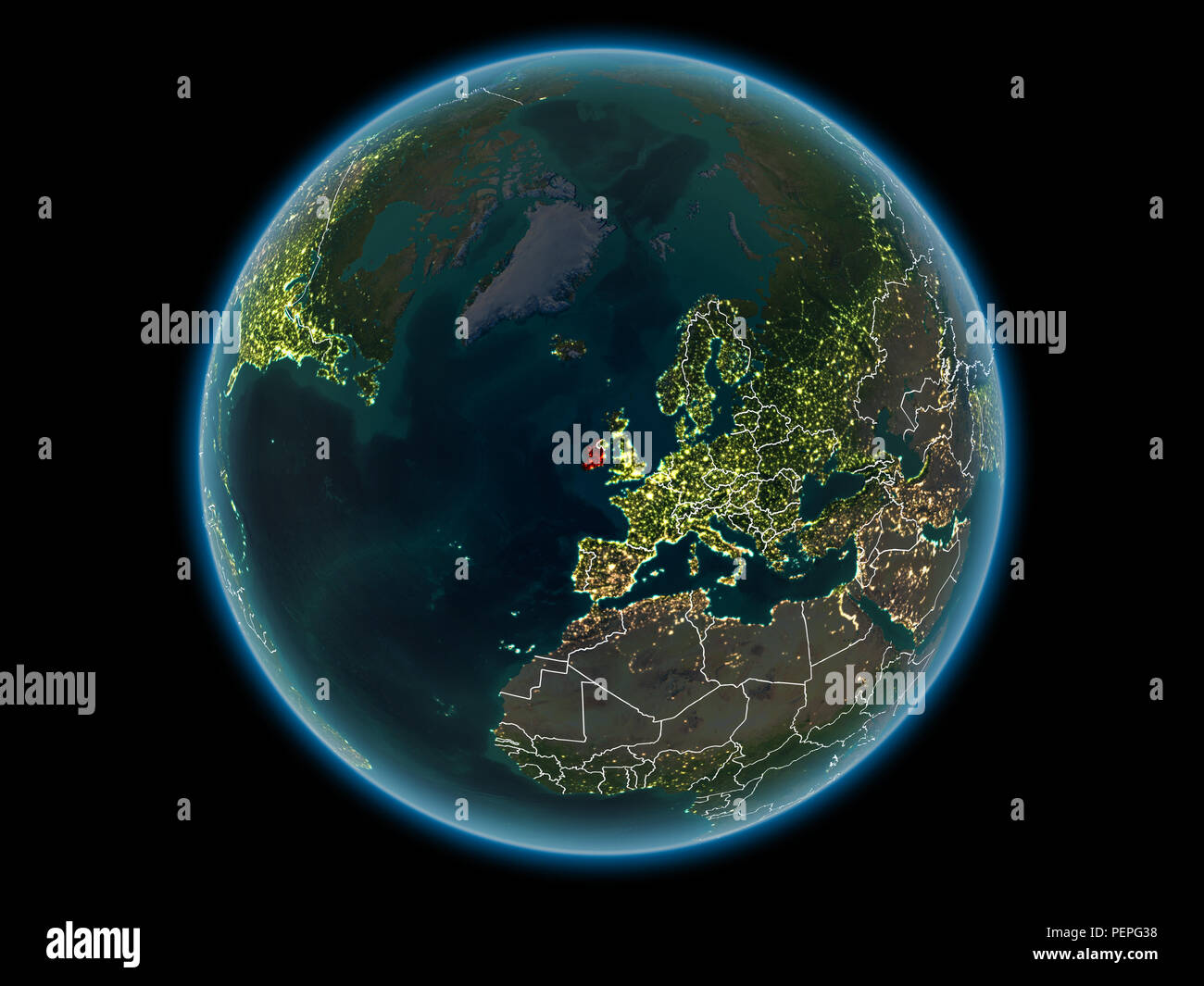Ireland in red with visible country borders and city lights from space ...