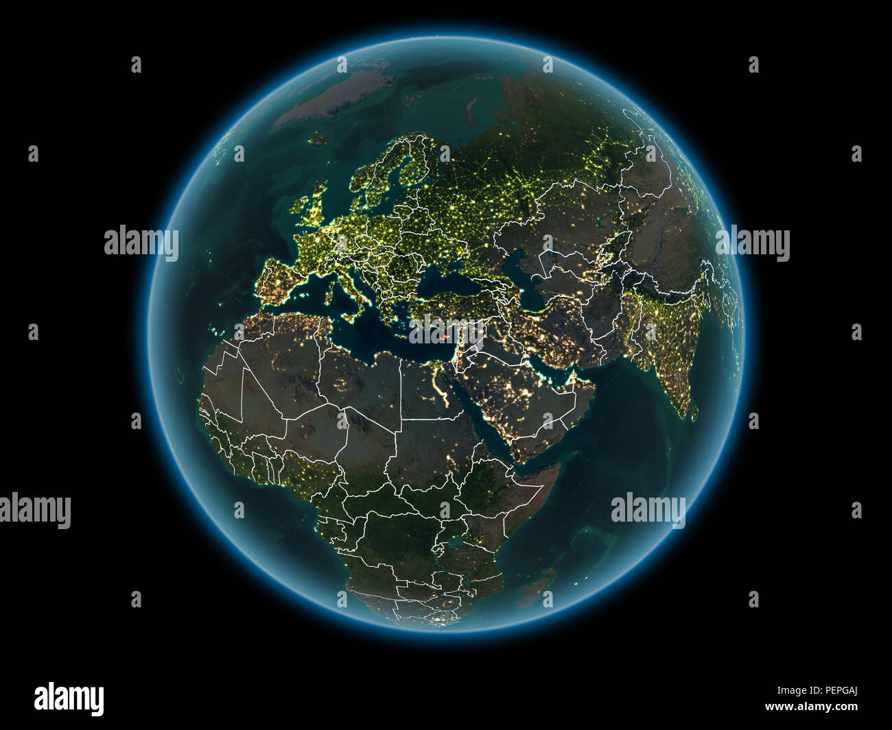 Cyprus in red with visible country borders and city lights from space ...