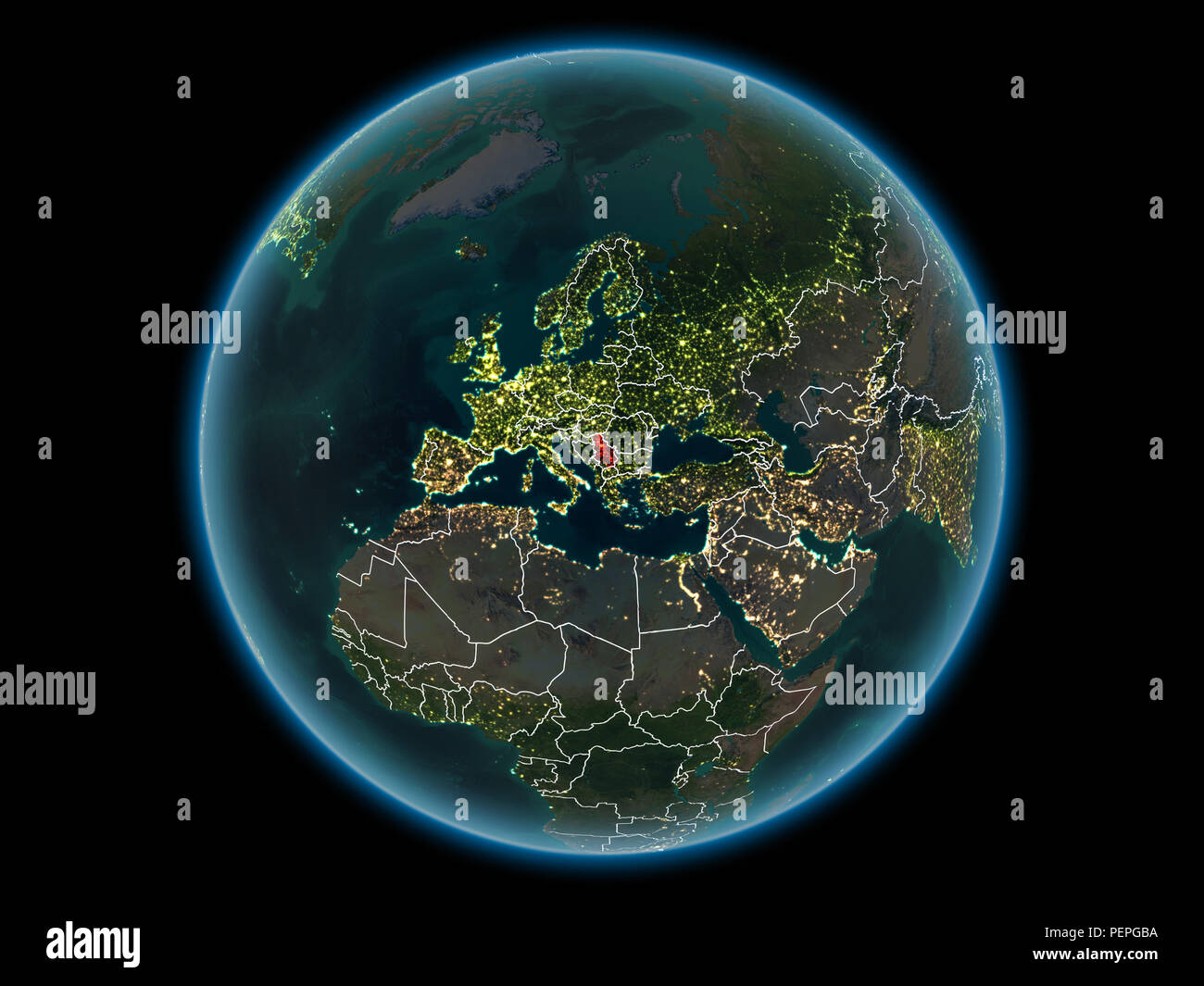 Serbia in red with visible country borders and city lights from space ...