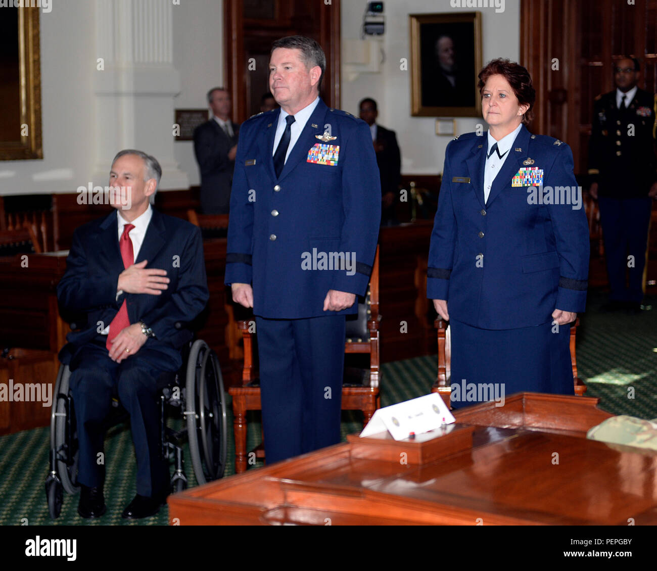 Texas Gov. Greg Abbott, Maj. Gen. John F. Nichols, the adjutant general ...