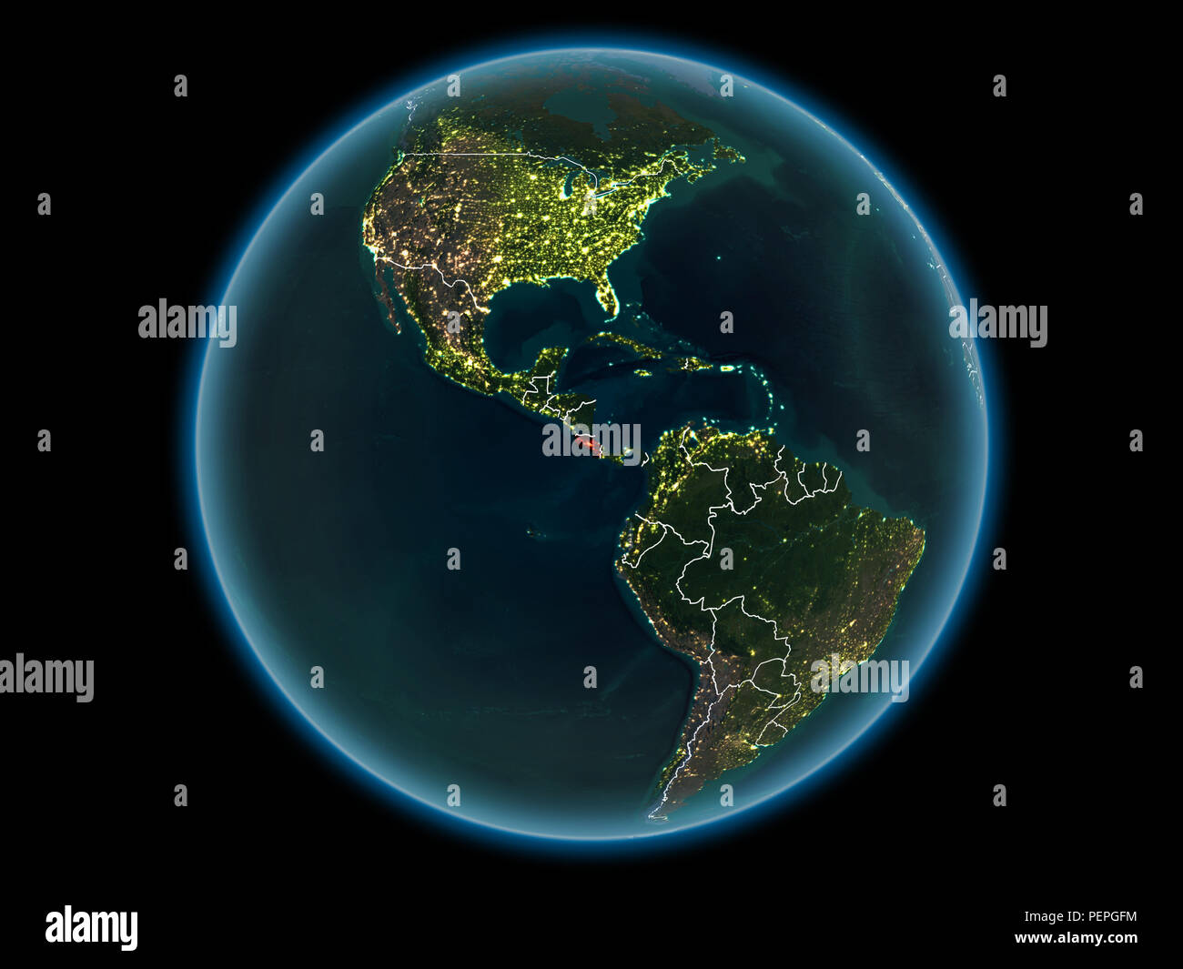 Costa Rica in red with visible country borders and city lights from ...